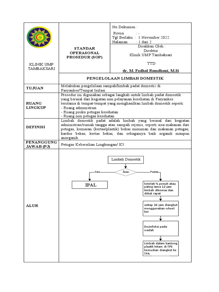 Sop Pengelolaan Sampah Domestik | PDF