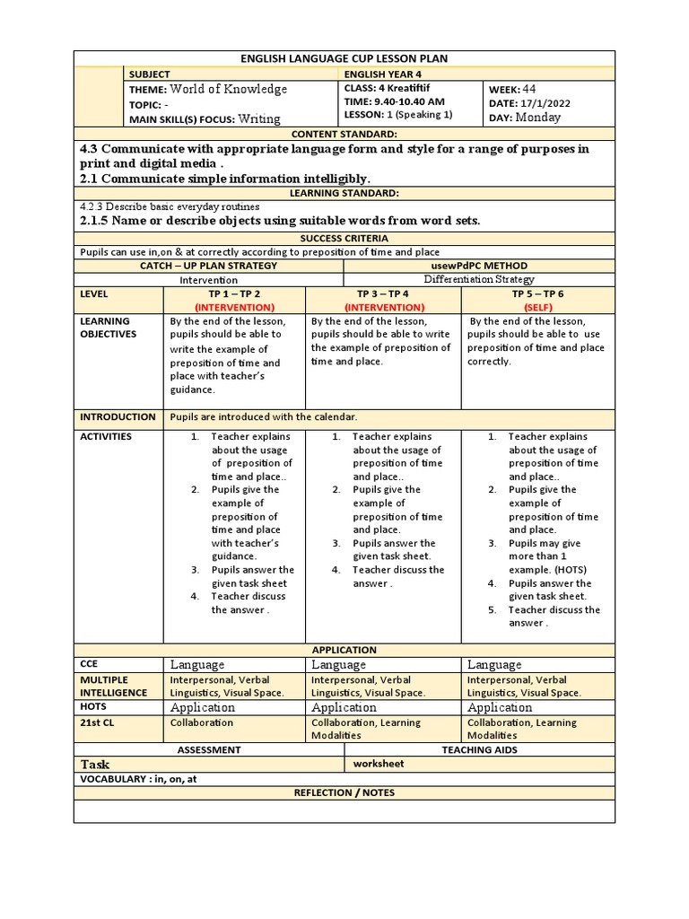 Prepositions of Time and Place Lesson Plan | PDF | Teachers | Learning