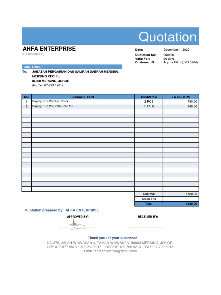 Quotation for Toyota Hilux Parts | PDF