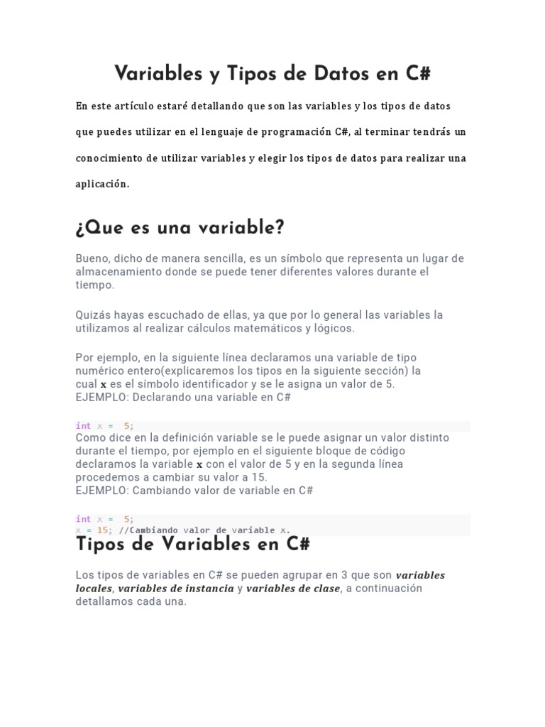 Variables Y Tipos De Datos En C Pdf C Sharp Lenguaje De Programación Tipo De Datos