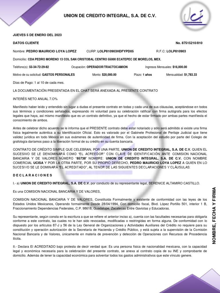 F. Union de Credito Integral Contrato-66 | PDF | Bancos | Crédito