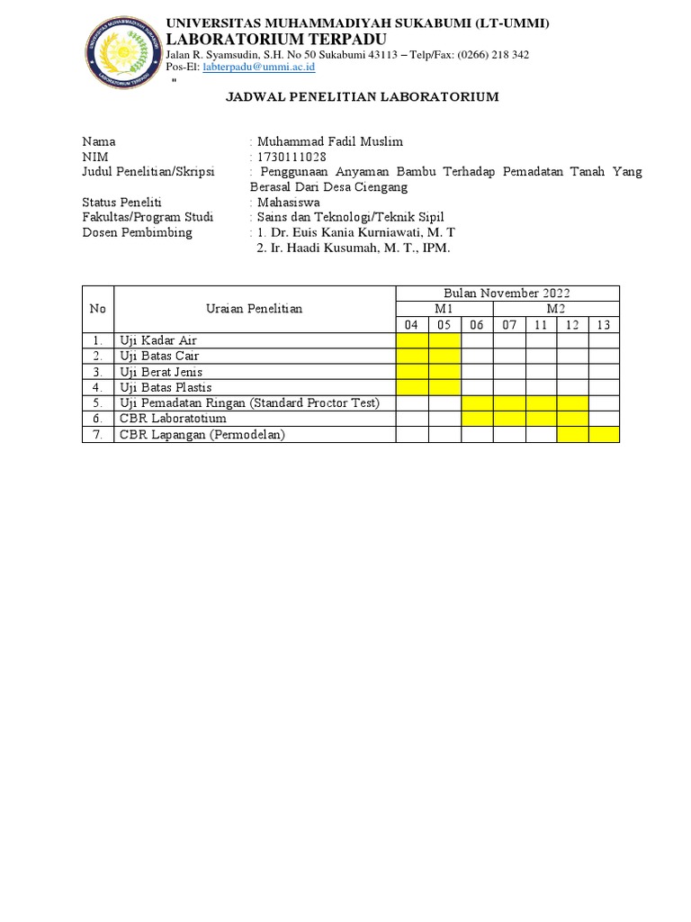 Jadwal Penelitian Laboratorium | PDF