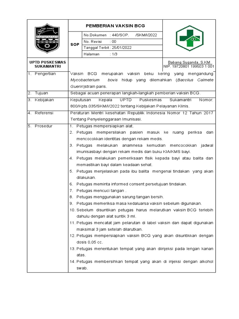 1 Sop Pemberian Vaksin BCG | PDF