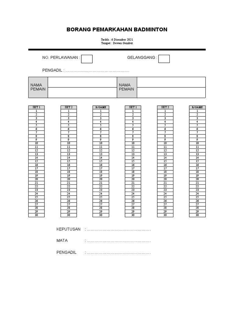 Borang Pemarkahan Badminton | PDF