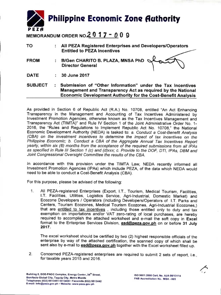 PEZA - Mo2017009 | PDF