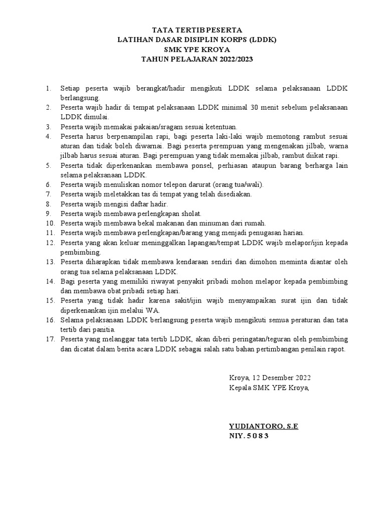 Tata Tertib Peserta LDDK SMK Ype Kroya | PDF