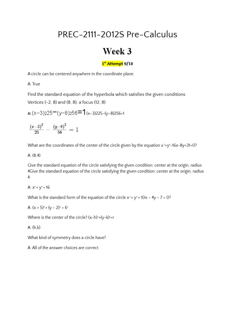 Precal Week 1 20 | PDF | Ellipse | Trigonometric Functions