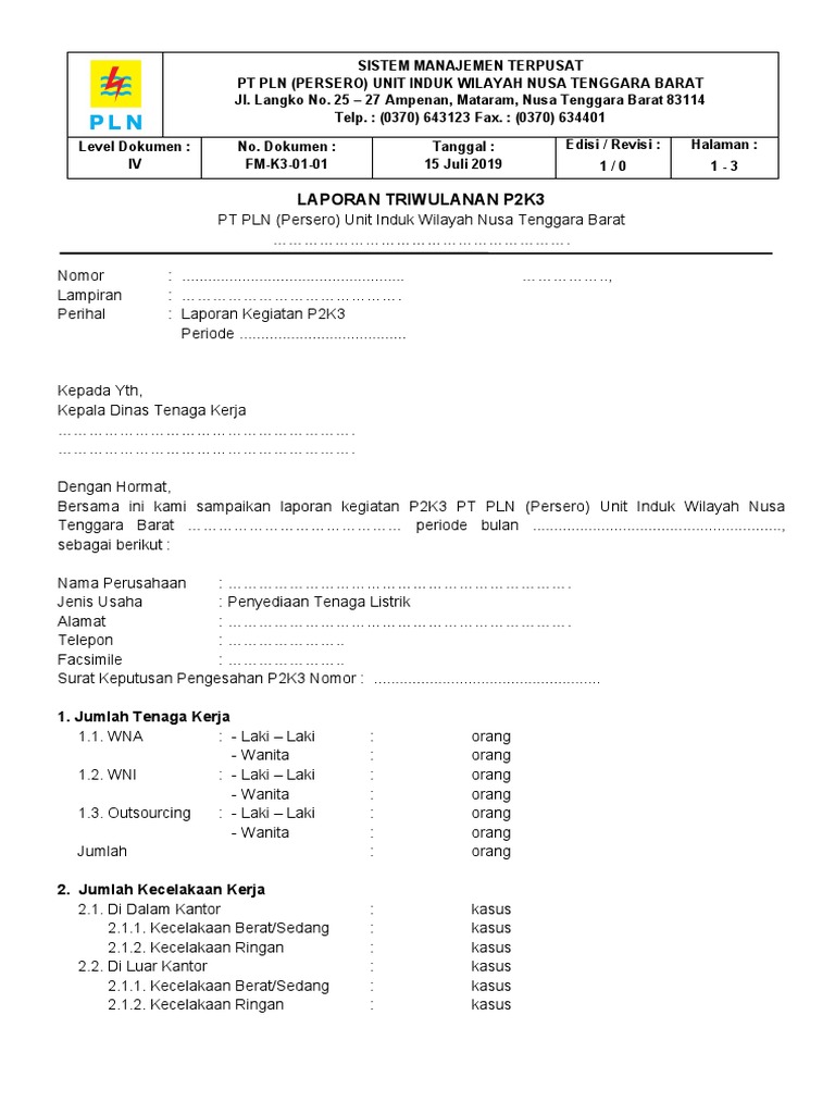 FM-K3-01-01 - Formulir Laporan P2K3 Ke Disnaker | PDF