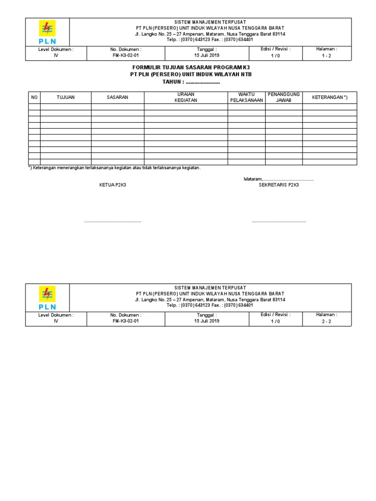 FM-K3-02-01 - Formulir Tujuan Sasaran Program K3 | PDF