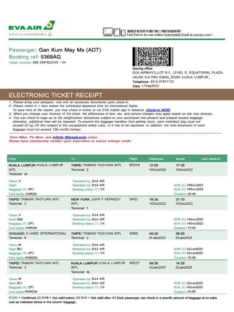 EVA Air Electronic Ticket-EMD Receipt For GAN KUM MAY 5368AG | PDF ...