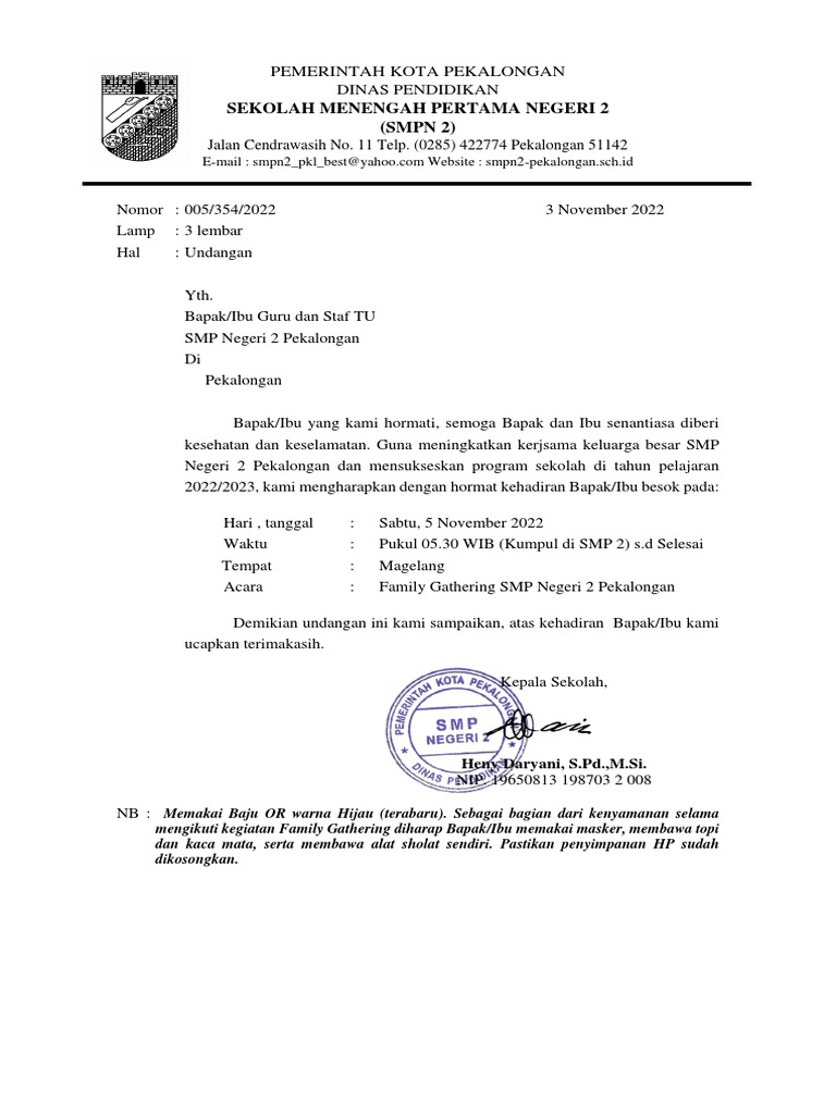 Undangan Family Gathering SMP Negeri 2 Pekalongan | PDF