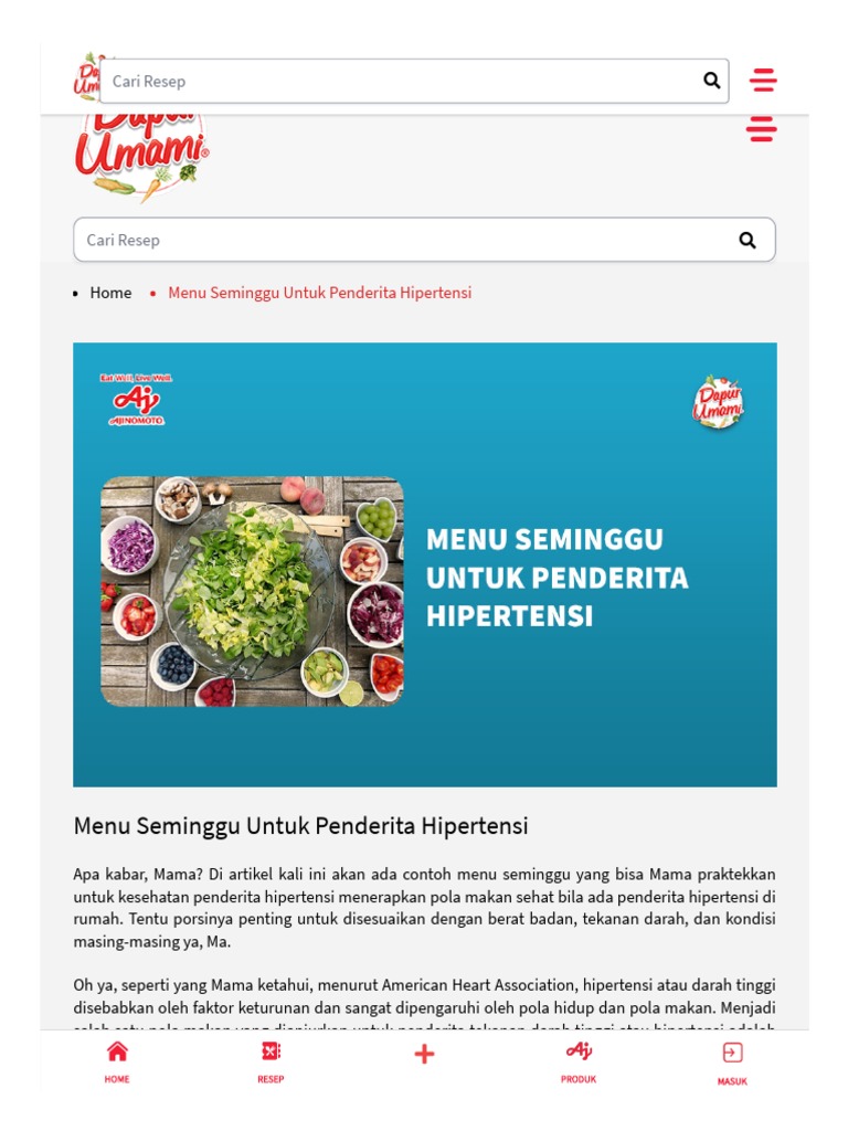 Menu Seminggu Untuk Penderita Hipertensi - Dapur Umami | PDF