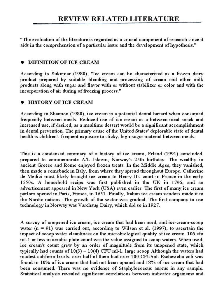 Ice Cream Review Related Literature | PDF | Ice Cream | Colony Forming Unit