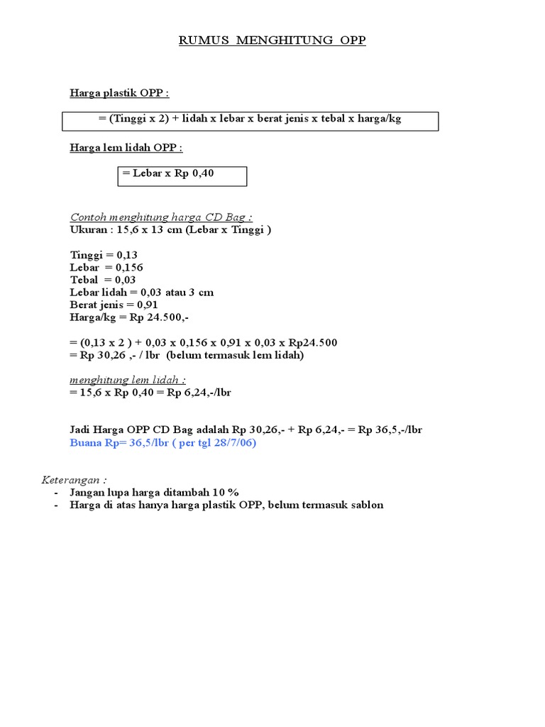 Rumus Menghitung Plastik Opp | PDF