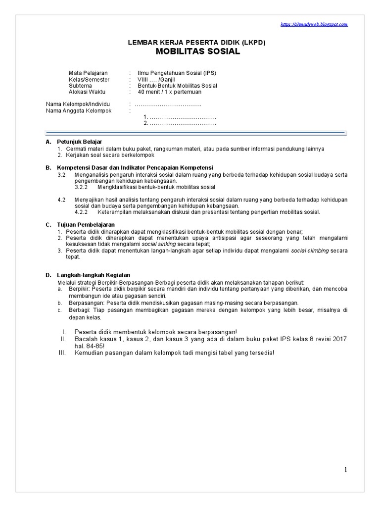 LKPD Materi Bentuk-Bentuk Mobilitas Sosial IPS Kelas 8 | PDF