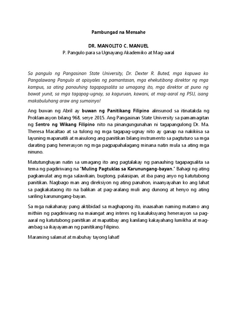 Pambungad Na Mensahe Tertulyang Pampanitikan 2022 | PDF