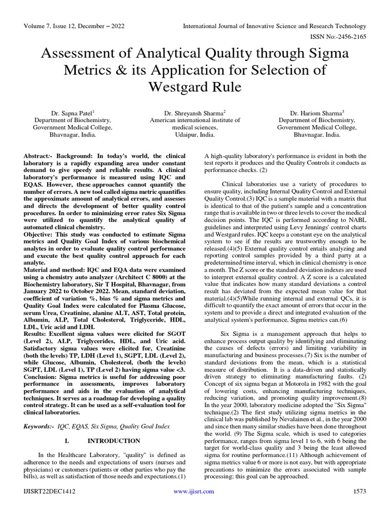 Assessment of Analytical Quality Through Sigma Metrics & Its ...