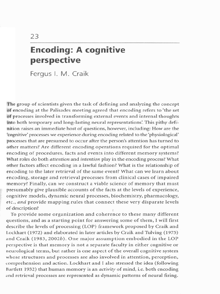 Encoding: Cognitive Perspective: Fergus I. M. .Craik | PDF | Memory ...