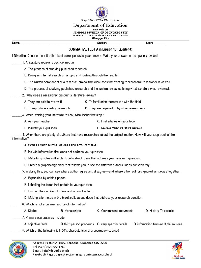 English 10 Q4 Summative Test | PDF | Primary Sources | Cognition