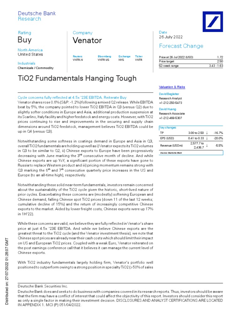 Deutsche Bank VNTR Venator TiO2 Fundamentals Hanging Tough | PDF ...