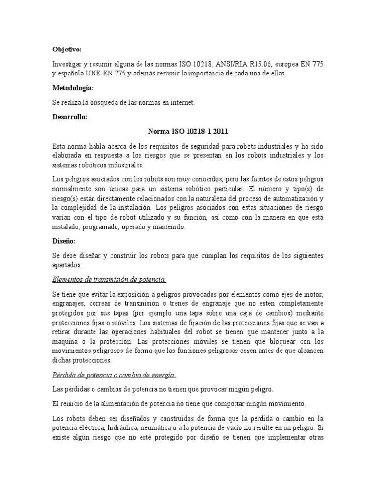 Resumen de la Norma ISO 10218-1:2011 sobre requisitos de seguridad para ...