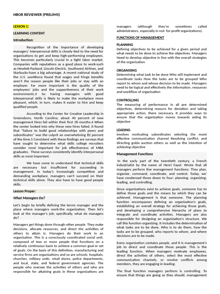 Hbor Prelims Reviewer | PDF | Organizational Behavior | Employment