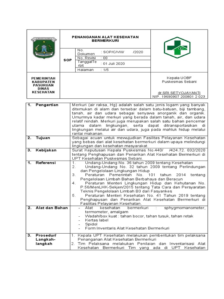 Sop Penanganan Alkes Bermerkuri | PDF