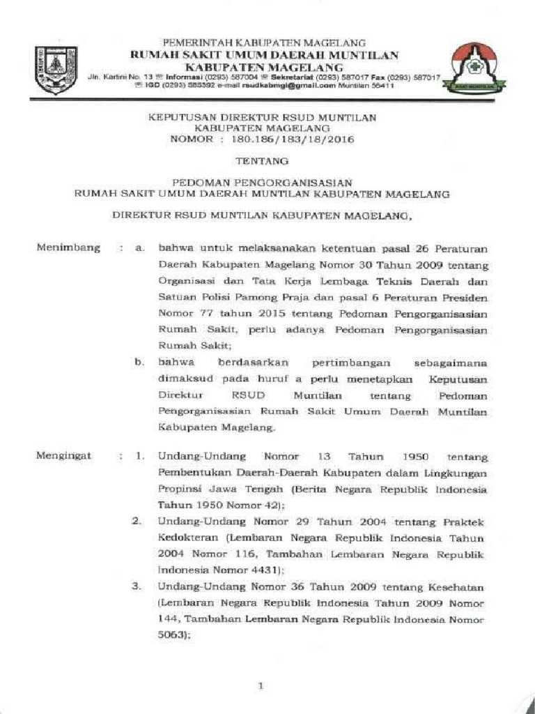 Pedoman Pengorganisasian RSUD Muntilan | PDF