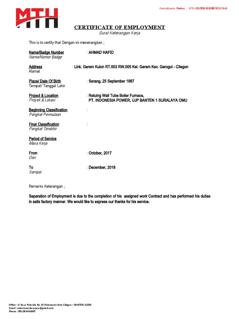 CERTIFICATE OF EMPLOYMENT | PDF