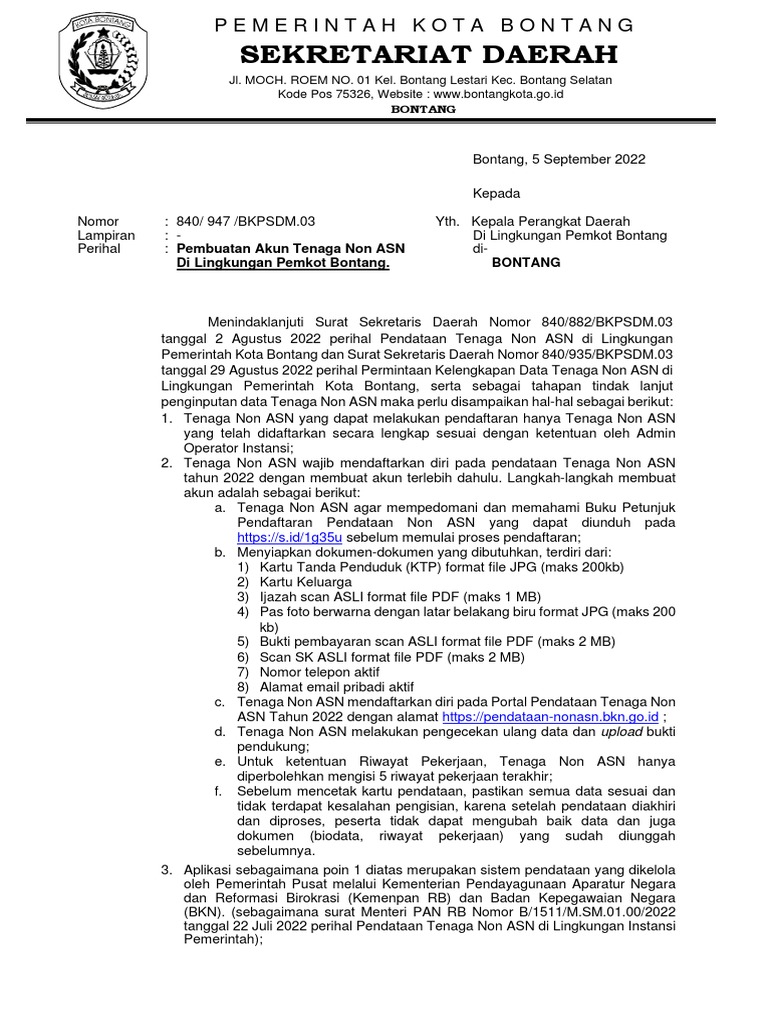 Surat Pembuatan Akun TKD 2022 | PDF