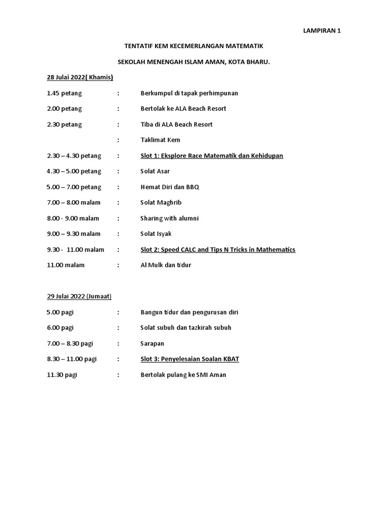 Tentatif Kem Kecemerlangan Math 2022 | PDF
