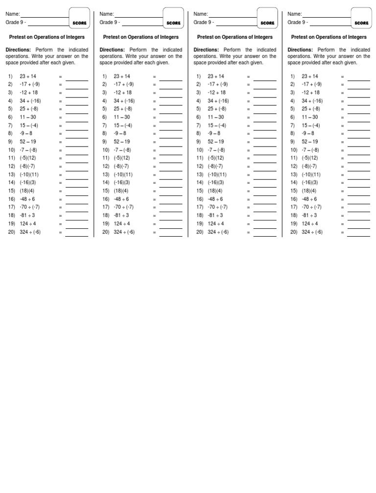 Grade 9 Integer Operations Pretest | PDF