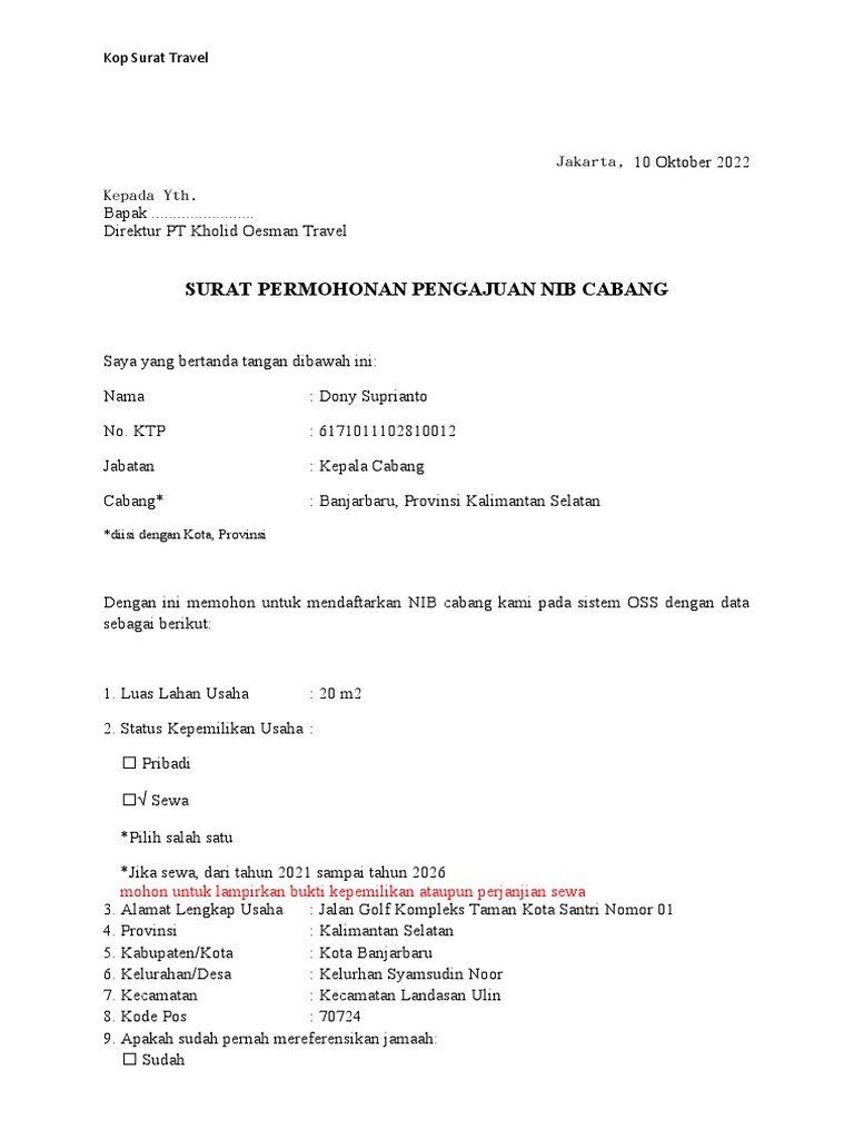 Pengajuan NIB Cabang PT. Kholid | PDF