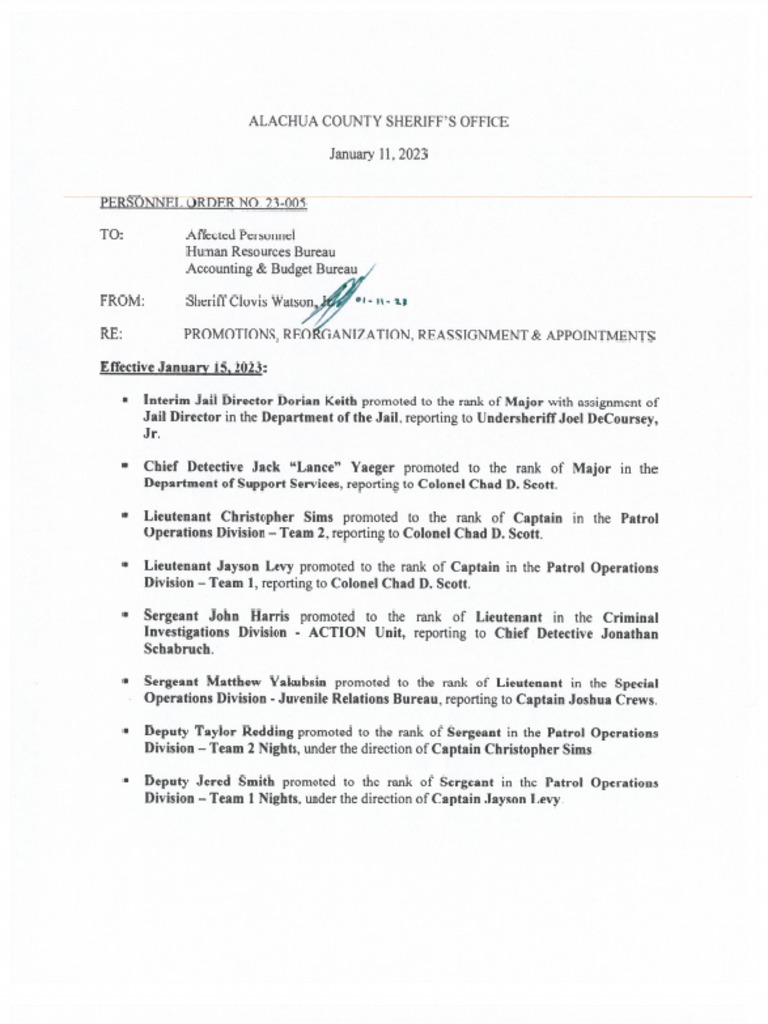 Alachua County Sheriff's Office Personnel Orders | PDF