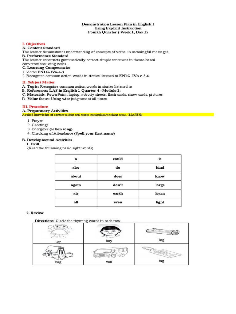 Recognizing Verbs Through Explicit Instruction: A Demonstration Lesson ...
