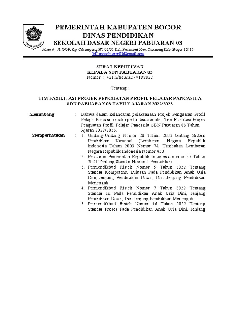 SK Tim Fasilitasi P5 SDN Pabuaran 03 | PDF | Bisnis | Seni