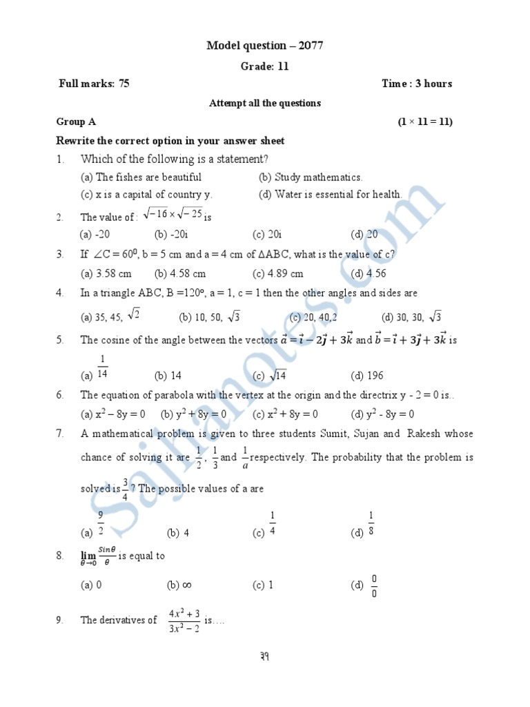 NEB Grade 11 Math Model Paper 2077-78 | PDF | Equations | Function (Mathematics)
