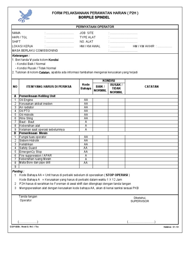 Form P2H Alat Berat Harian | PDF