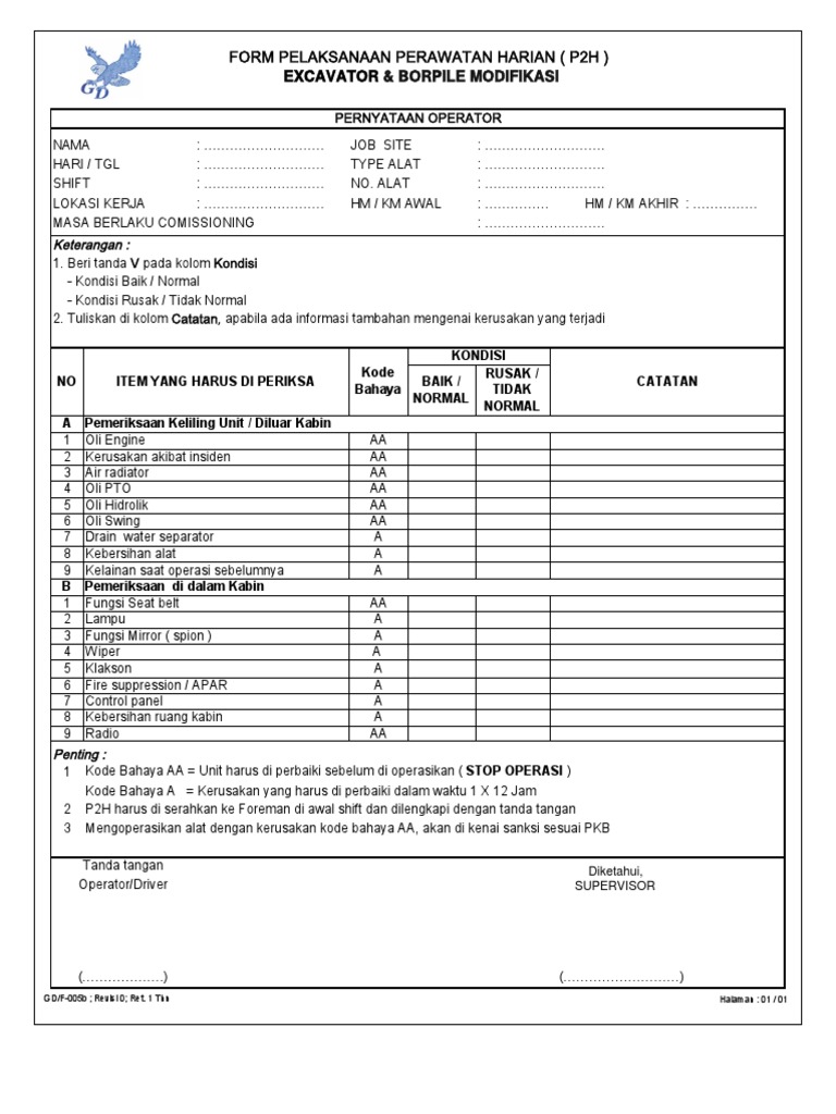 Form P2H Excavator Harian | PDF | Teknologi & Rekayasa