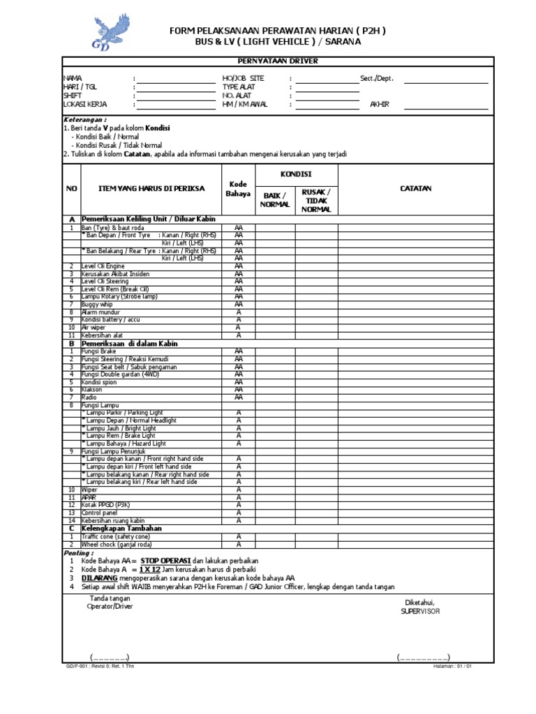 F-005 - ERGA Revisi 2.0 Ret. 1 THN - Laporan P2H Sarana LV Bus | PDF
