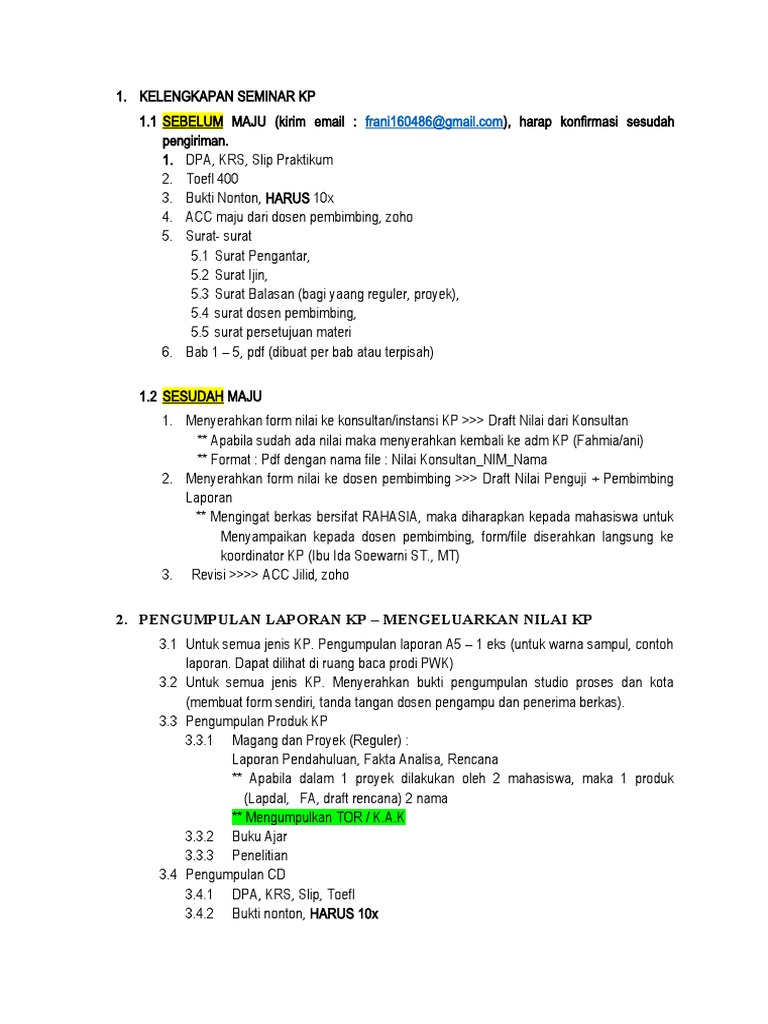 Tentang KP (Kelengkapan Seminar KP, Laporan KP, Susunan Lap KP, Format Lap KP) | PDF