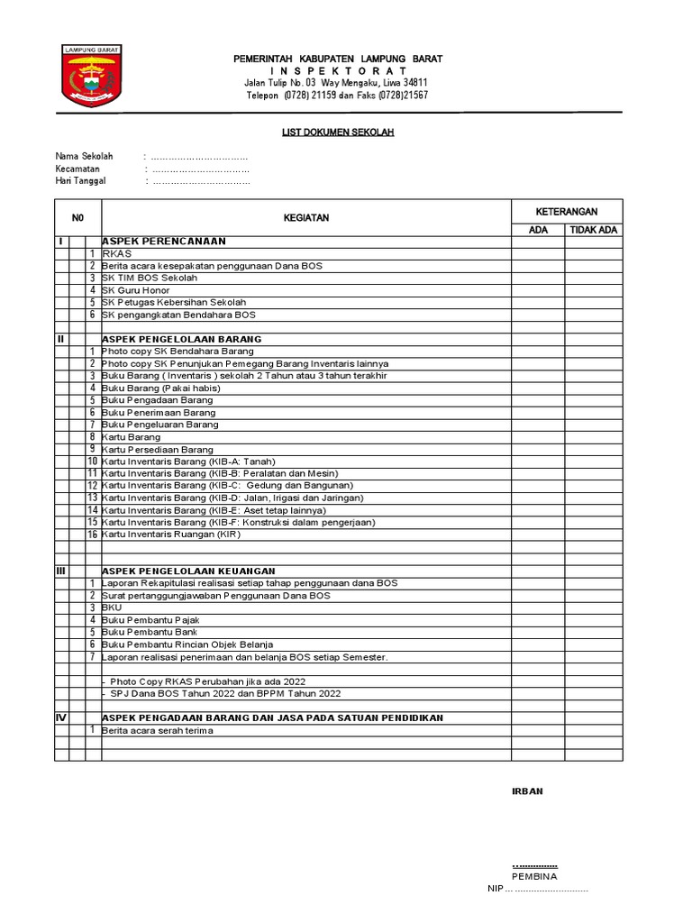 LIST DOKUMEN SEKOLAH | PDF