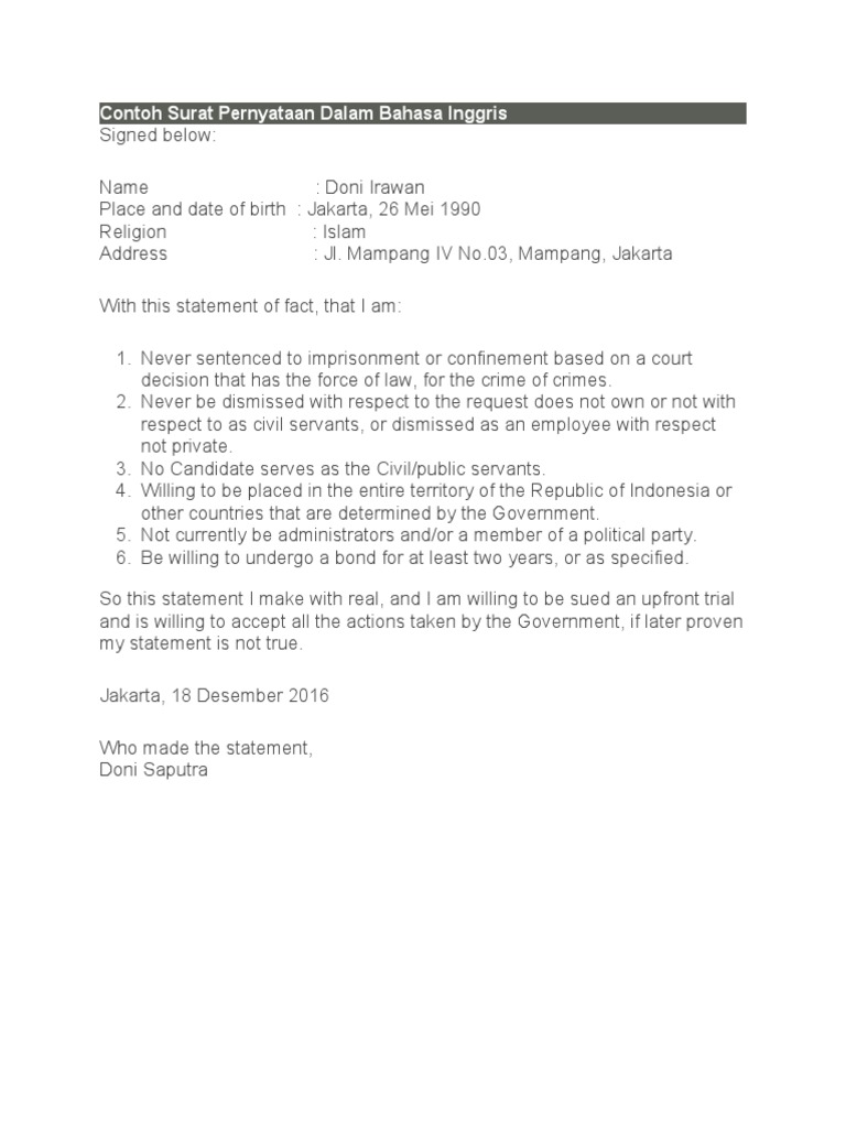 Contoh Surat Pernyataan Dalam Bahasa Inggris | PDF