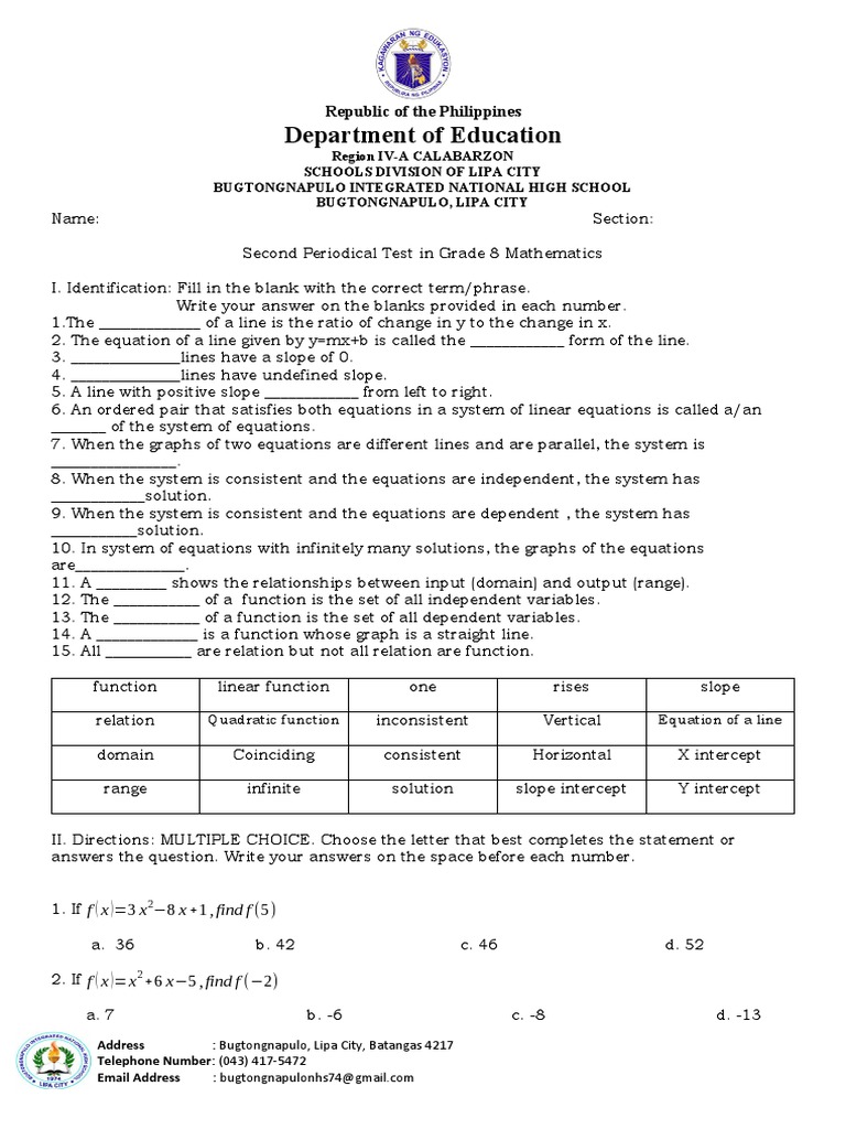 Math 8 Second PT (2022-2023) | PDF | Function (Mathematics) | Mathematics