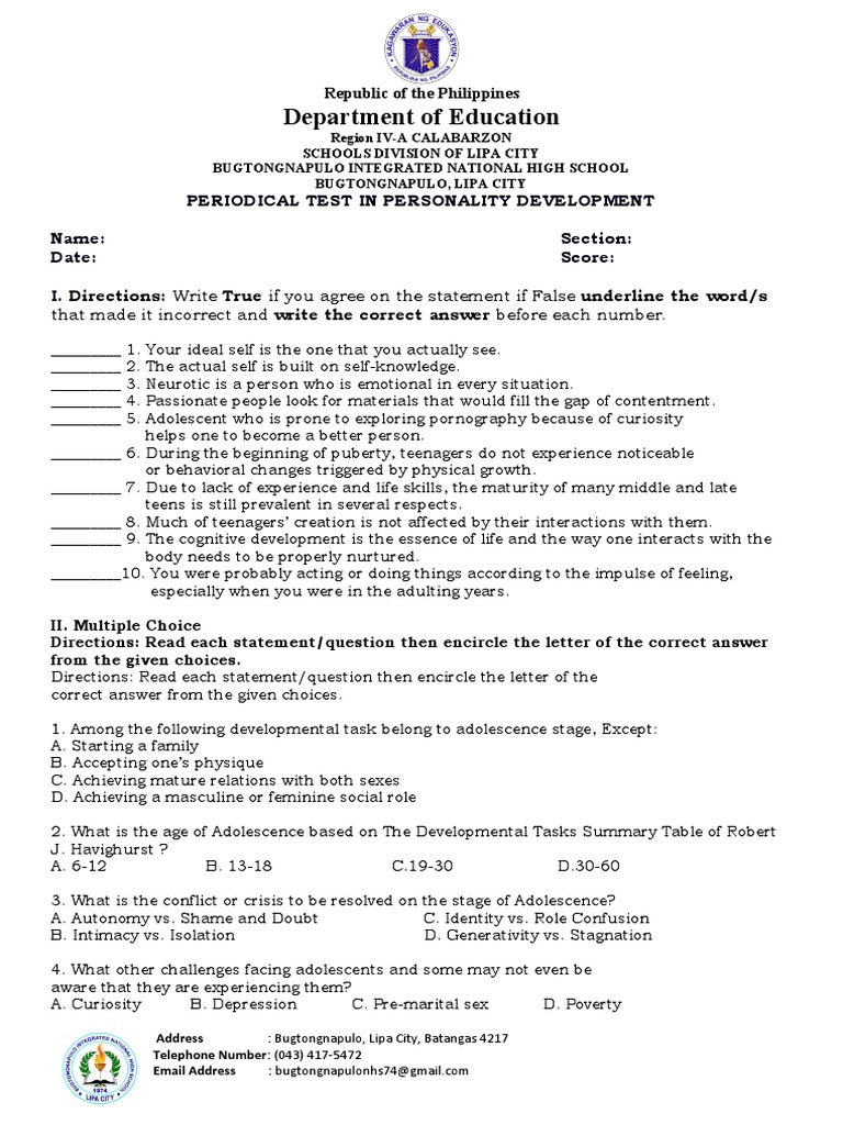 Personality Development Test for Students | PDF | Stress (Biology ...