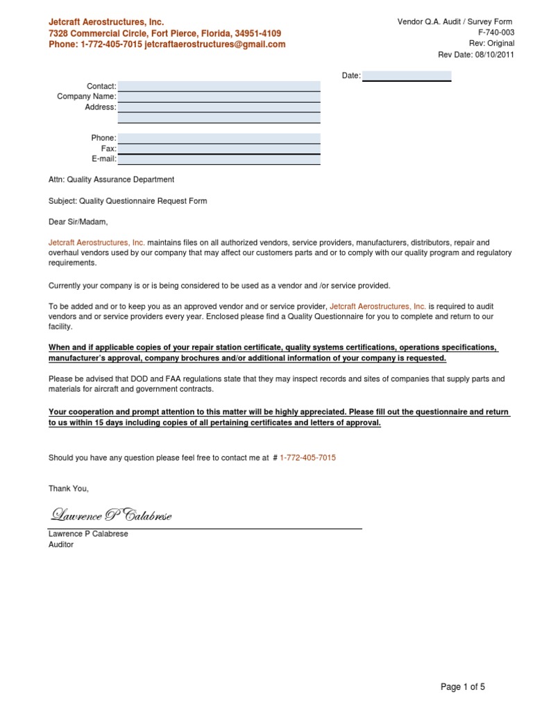 Vendor Audit Survey Form Template | PDF | Specification (Technical ...