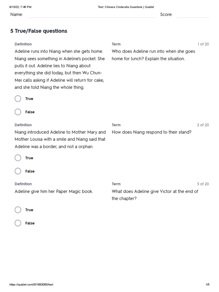 Chinese Cinderella Quiz Questions | PDF