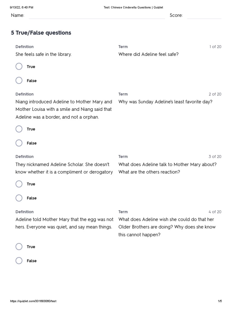 Chinese Cinderella Quiz Questions | PDF