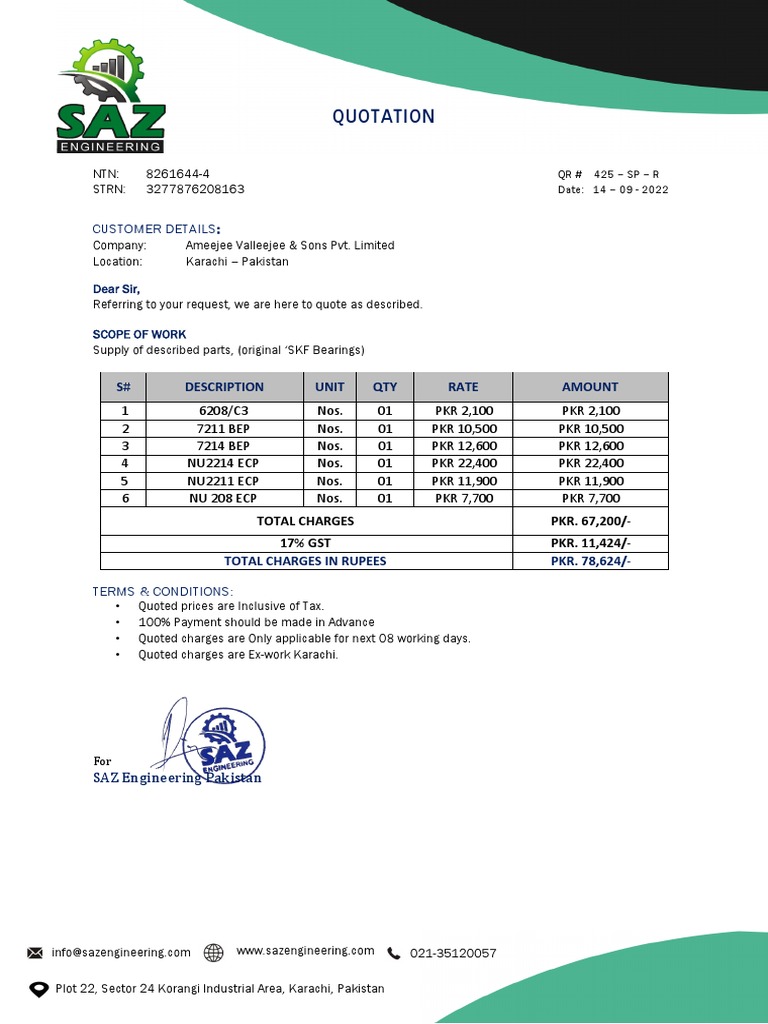 Revised Quotation - Bearings SKF | PDF