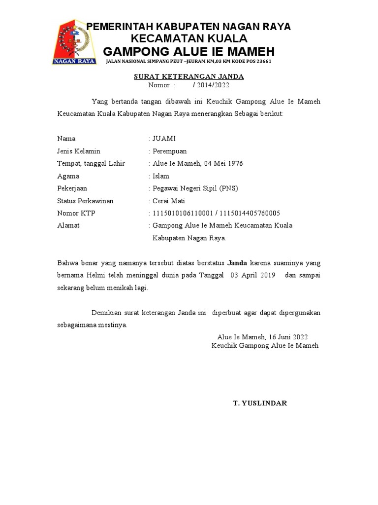 Surat Keterangan Status Janda Cerai Mati | PDF